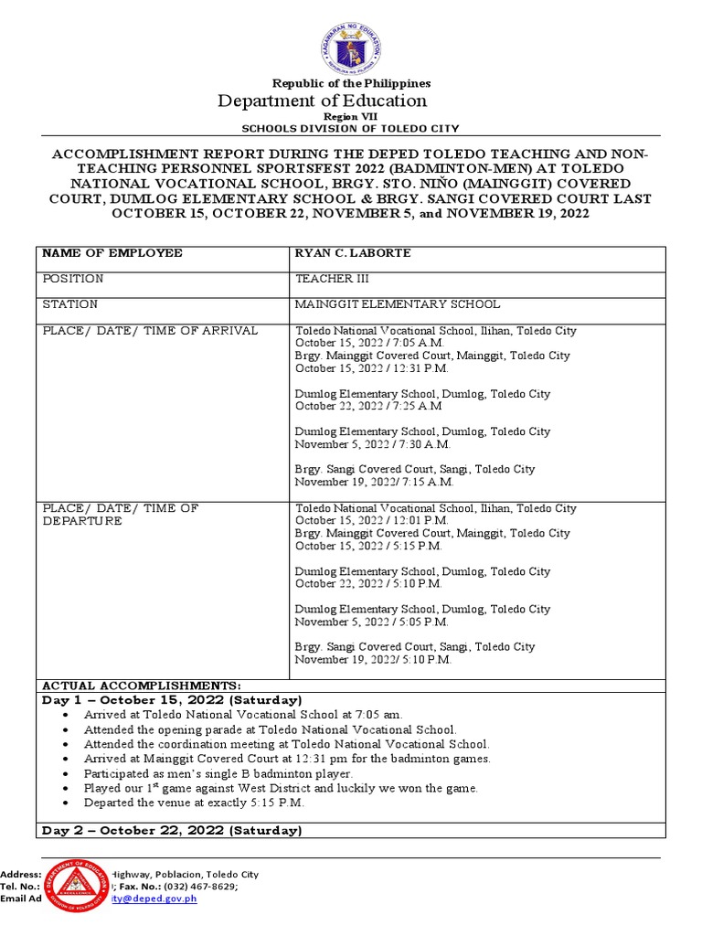 RYAN Accomplishment Report Deped Sportsfest 2022 | PDF | Conflicts ...