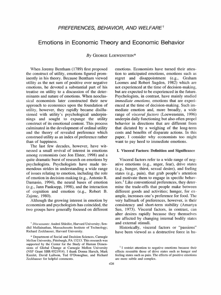 Loewenstein 2000 Emotions in Economic Theory | PDF