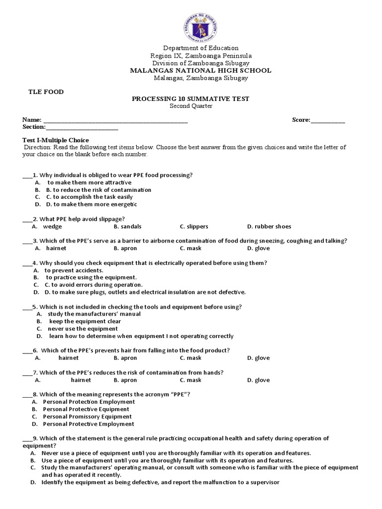Tle Food Processing 10 Summative Test | PDF | Personal Protective ...