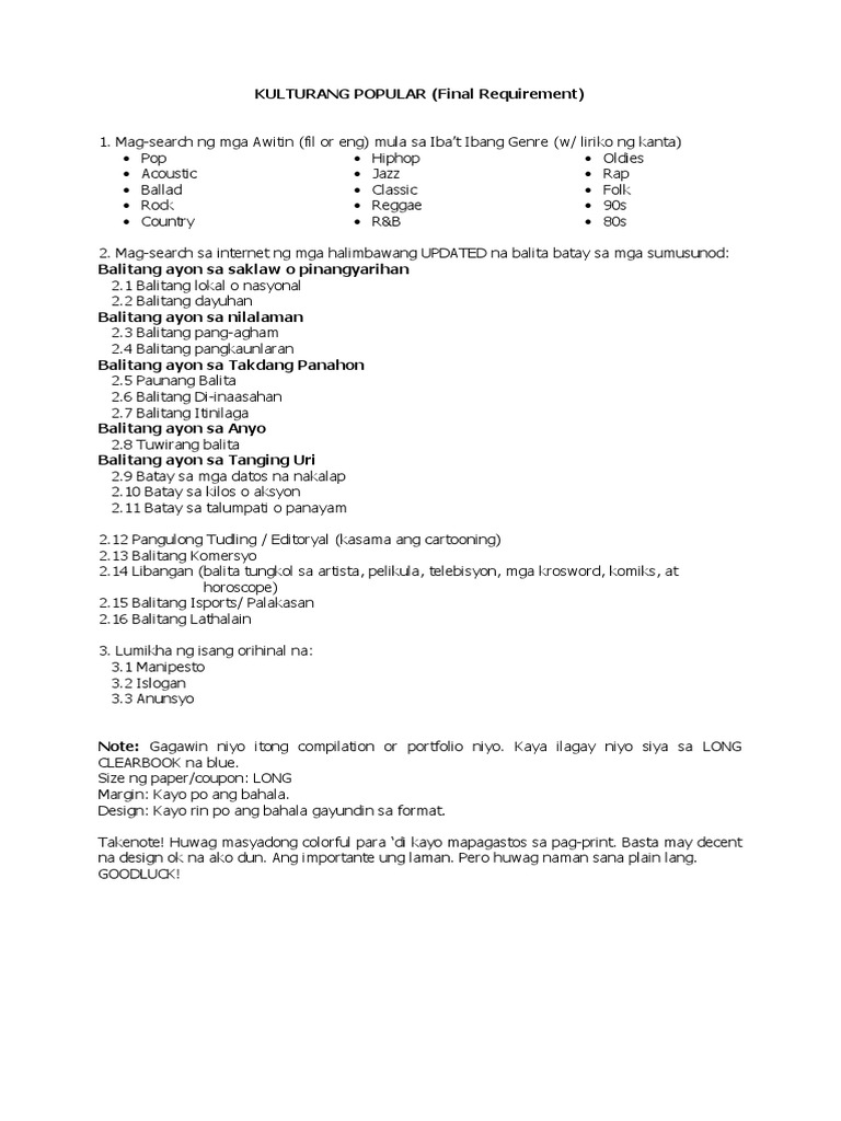 Kulturang Popular Final Requirement List | PDF