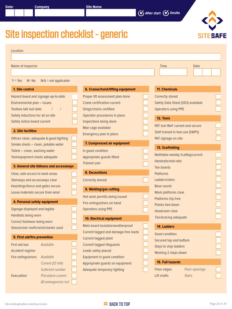 Site Inspection Checklist | PDF | Personal Protective Equipment | Stairs