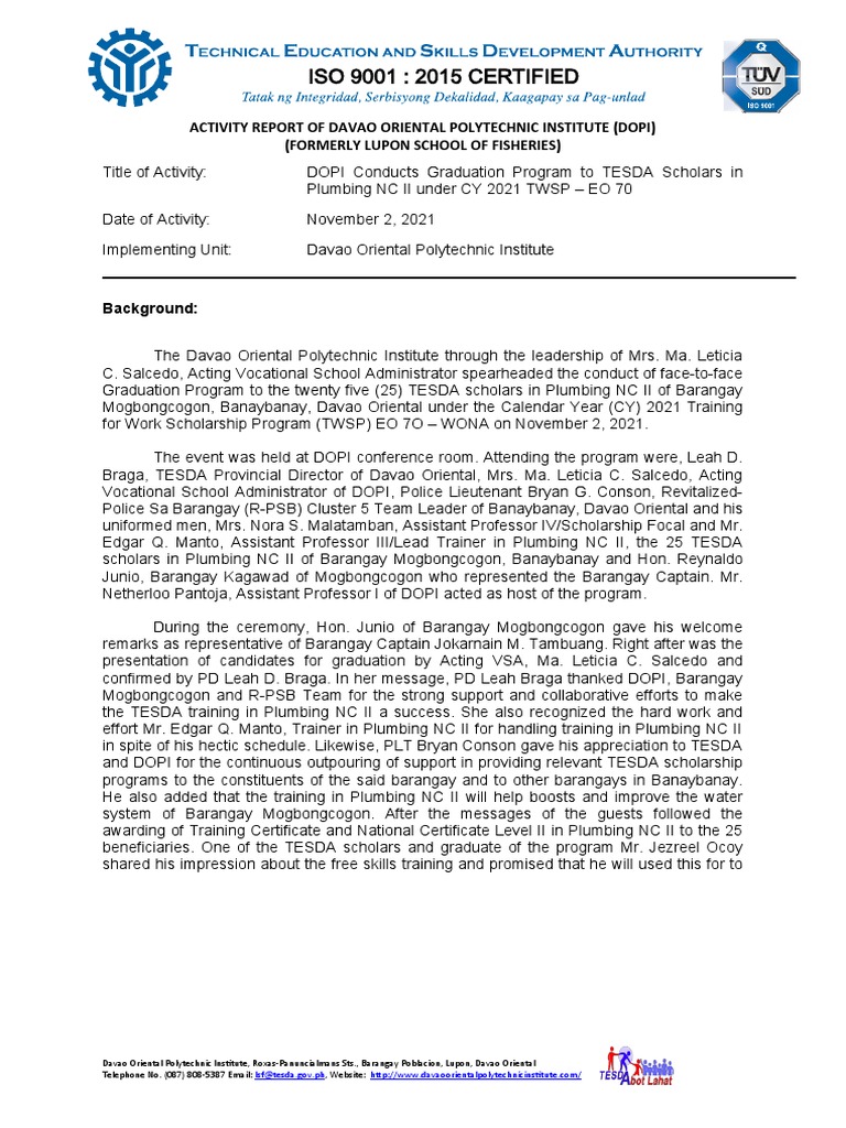 DOPI Activity Report - Graduation Program To TESDA Scholars of DOPI in ...