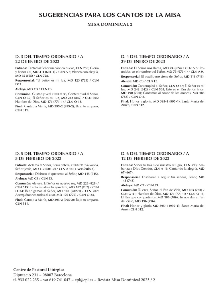 Cantos 22 29 Enero y 5 12 Febrero | PDF | Misa (liturgia) | Teología ...