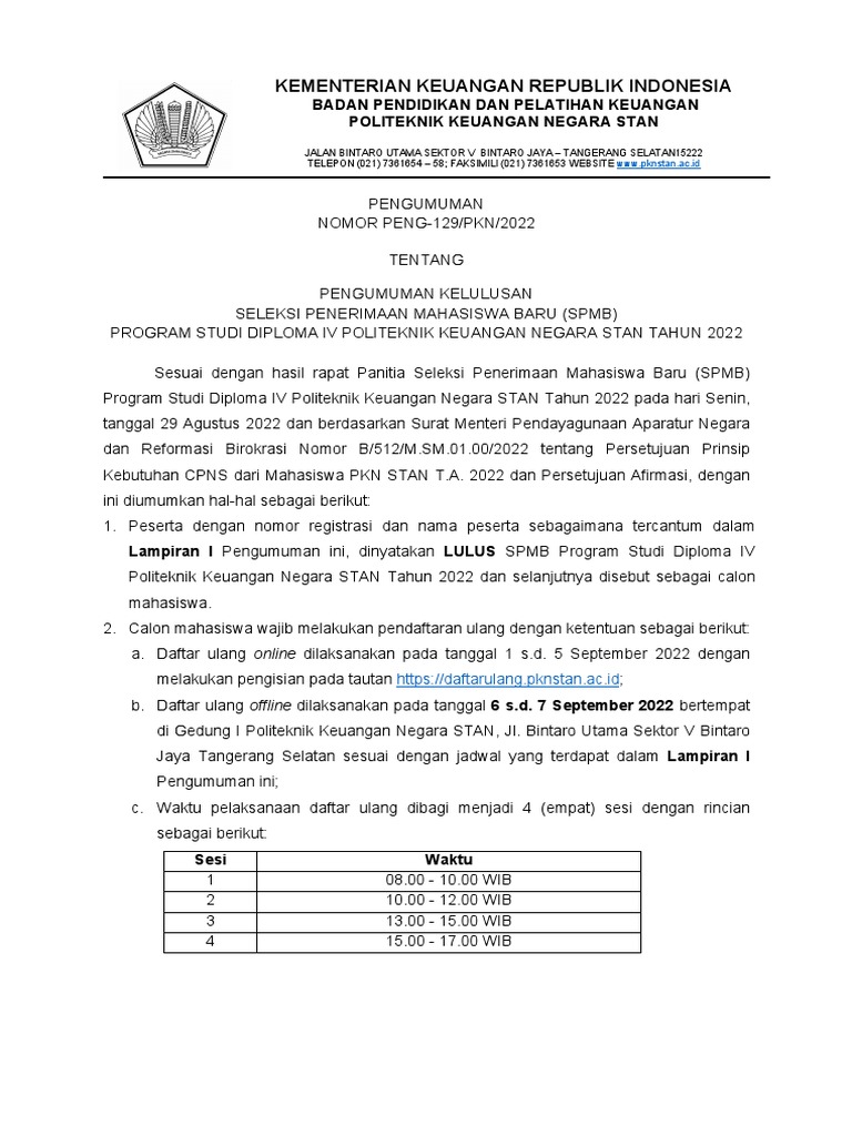 Pengumuman Kelulusan SPMB PKN STAN 2022 | PDF