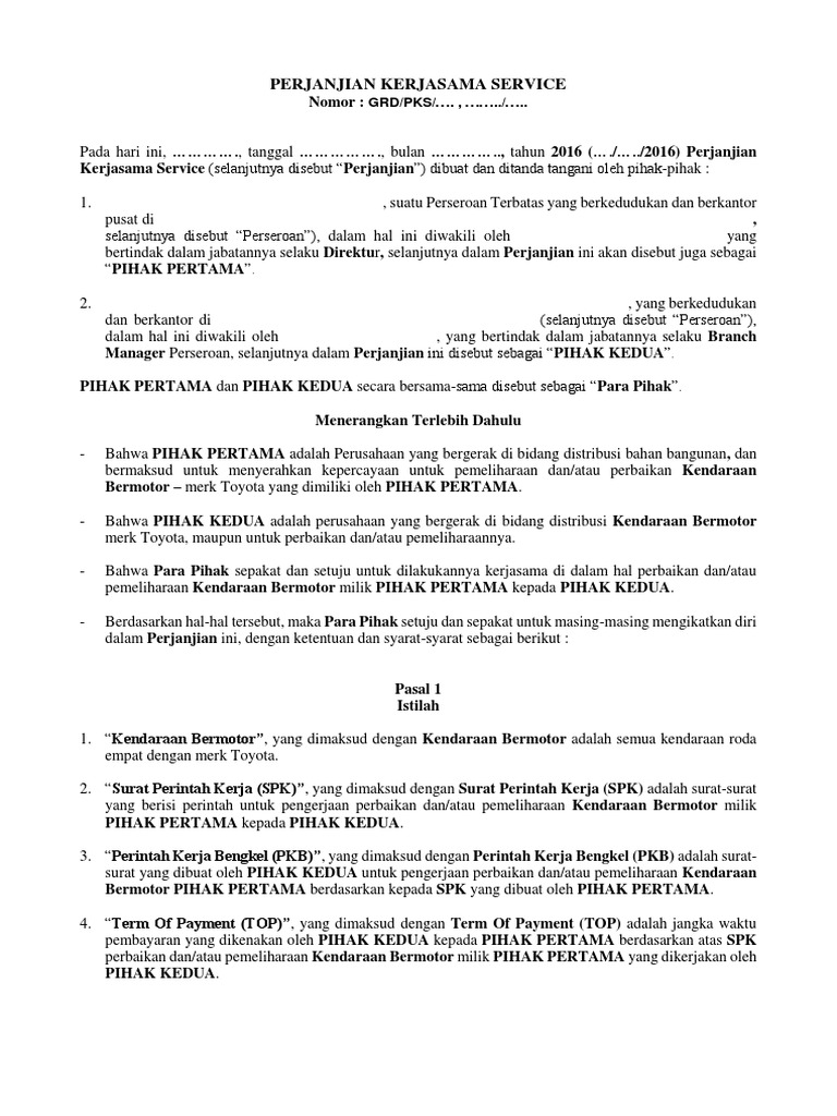 Draft Perjanjian Kerjasama Service Kendaraan | PDF