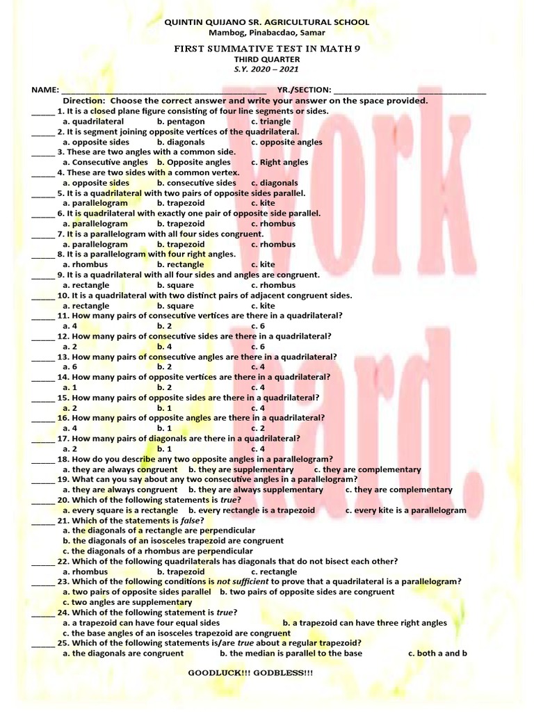 Third Quarter Summative Test In Math 9 Pdf Rectangle Geometric Shapes