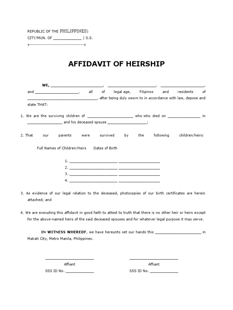 Affidavit of Heirship Template Philippines | PDF