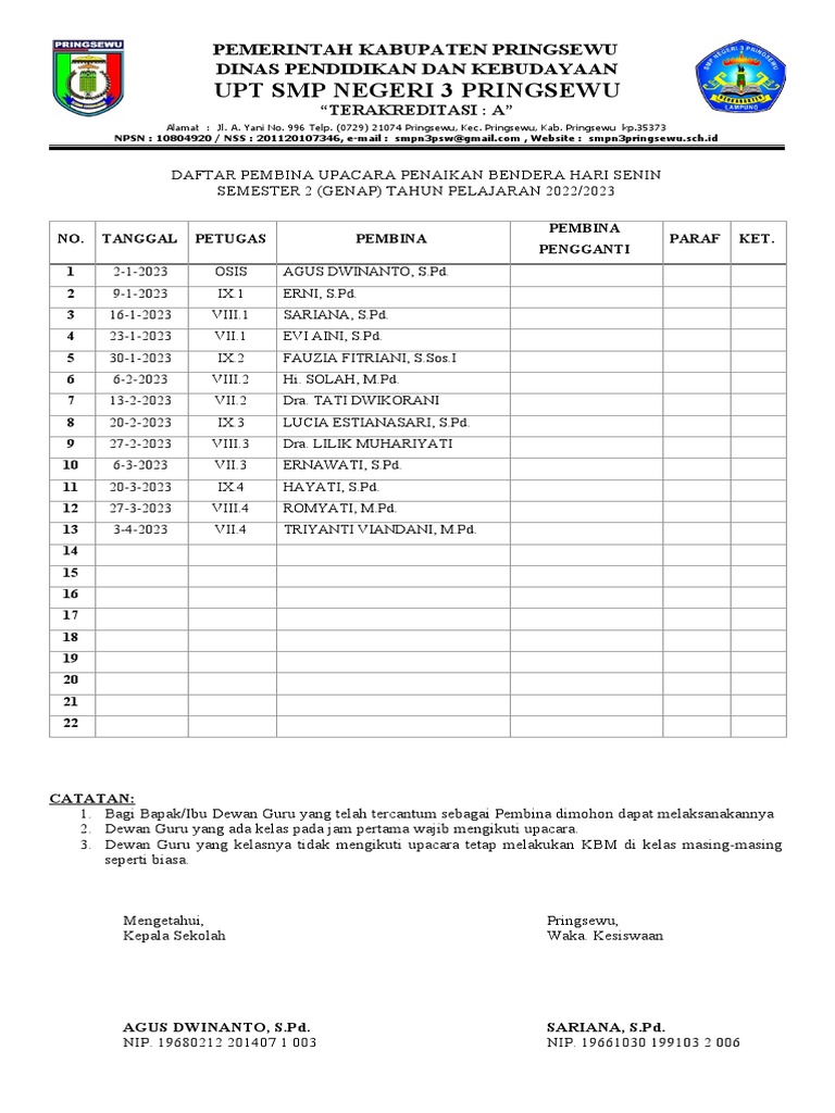 Jadwal Upacara dan Senam SMPN 3 Pringsewu | PDF