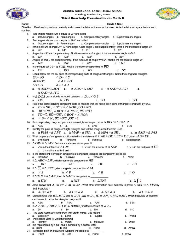3rd Quarterly Exam in MATH 8 | PDF | Angle | Triangle