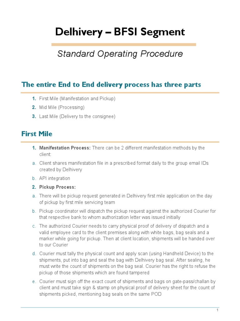 Delhivery BFSI Segment Standard Operating Procedure: Ensuring Secure ...