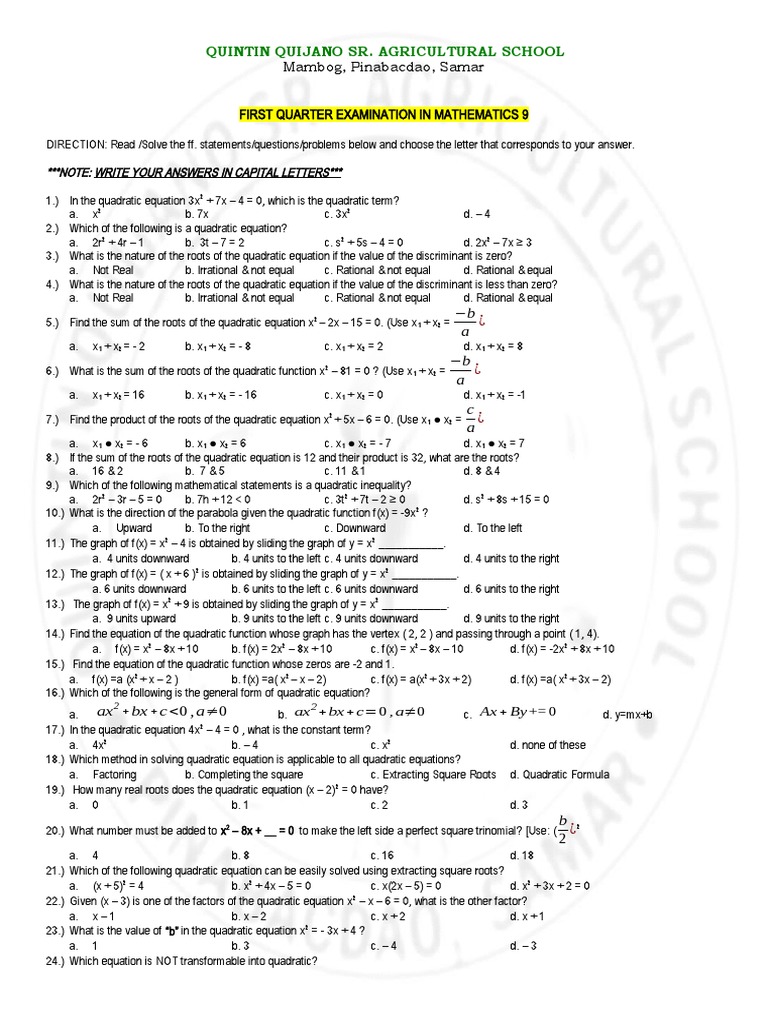 Math 9 First Quarter Exam Guide | PDF | Quadratic Equation | Elementary ...