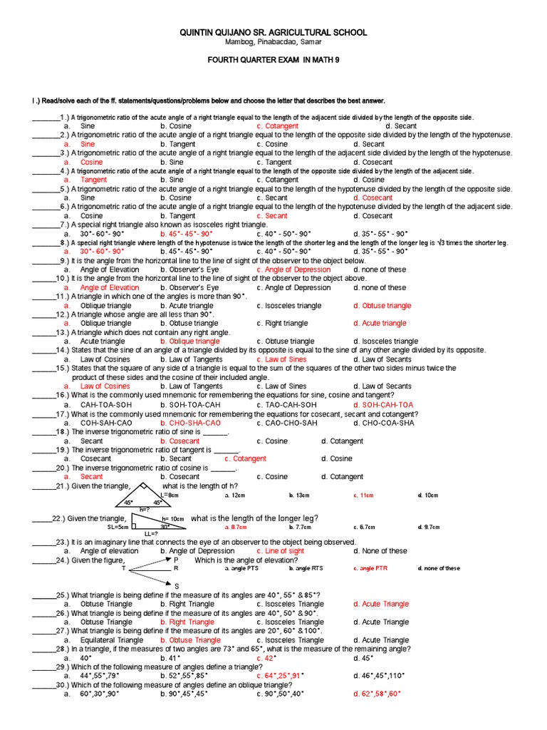 4th Quarter Exam in Math 9 With KEY | PDF | Trigonometric Functions ...