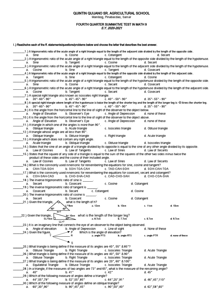 Math 9 Q4 Summative Test 2020-2021 | PDF | Trigonometric Functions ...