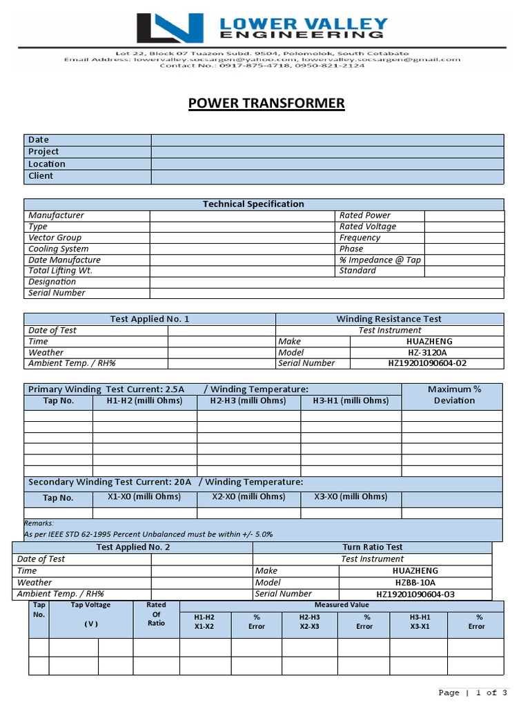 Transformer Test Form | PDF | Transformer | Insulator (Electricity)