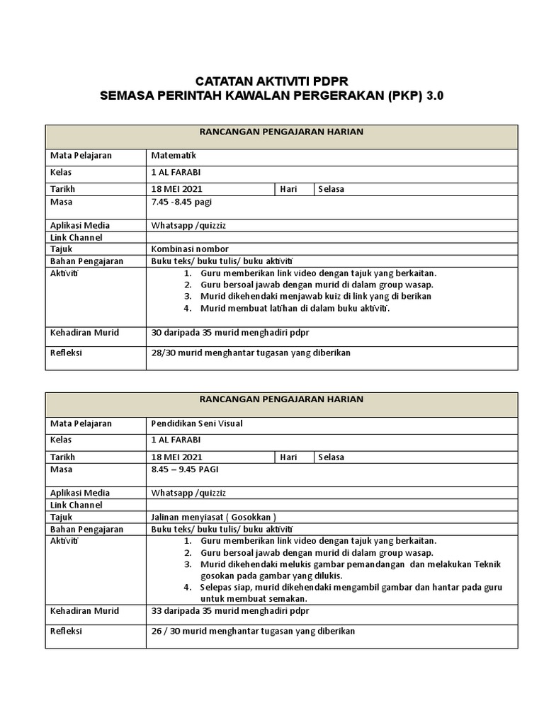 Catatan Aktiviti PDPR Semasa PKP 3.0 | PDF