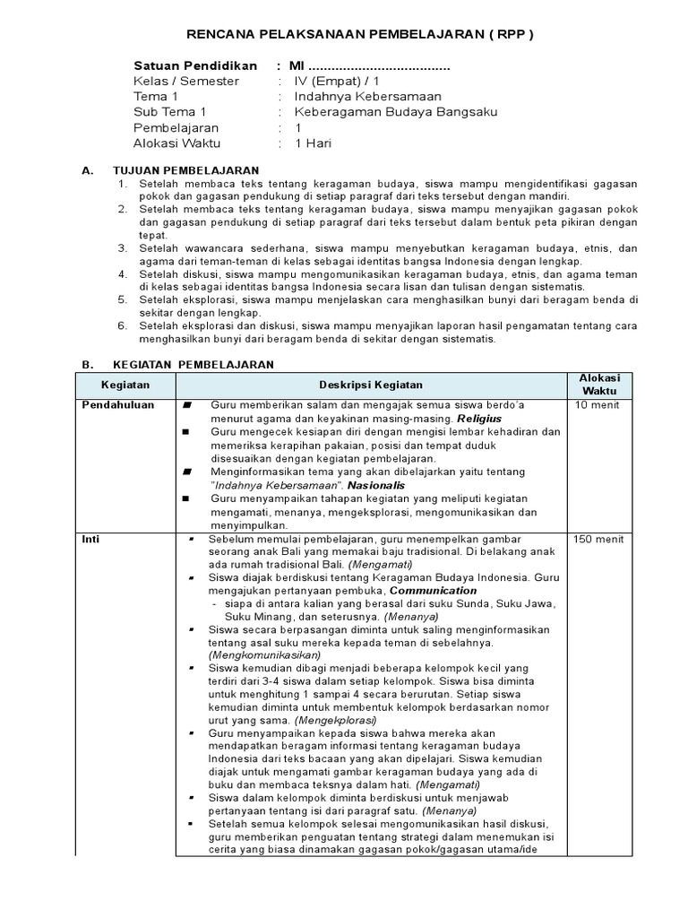 Kelas / Semester: IV (Empat) / 1 Tema 1: Indahnya Kebersamaan Sub Tema 1: Keberagaman Budaya ...