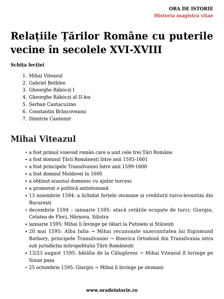 Relatiile Tarilor Romane Cu Puterile Vecine in Secolele Xvi Xviii | PDF