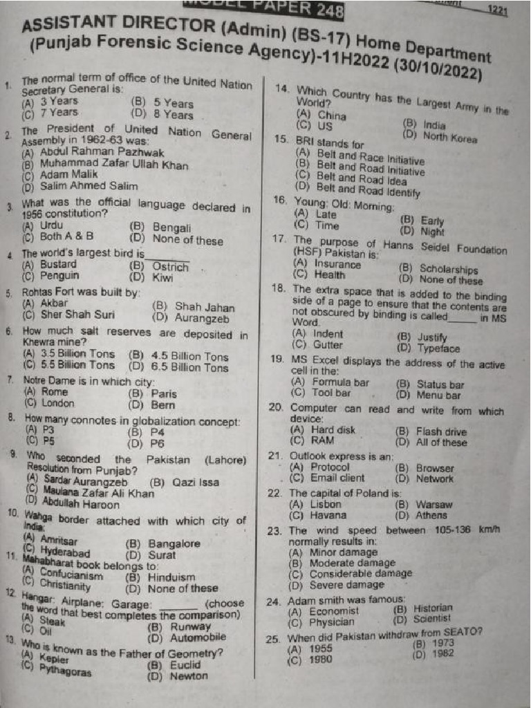 91th Edition Past Papers PPSC 2022 | PDF