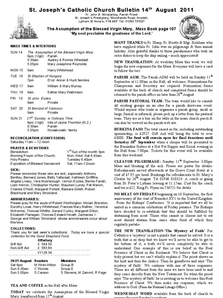 St. Joseph's Church Bulletin - Aug 14, 2011 | PDF | Mass (Liturgy ...