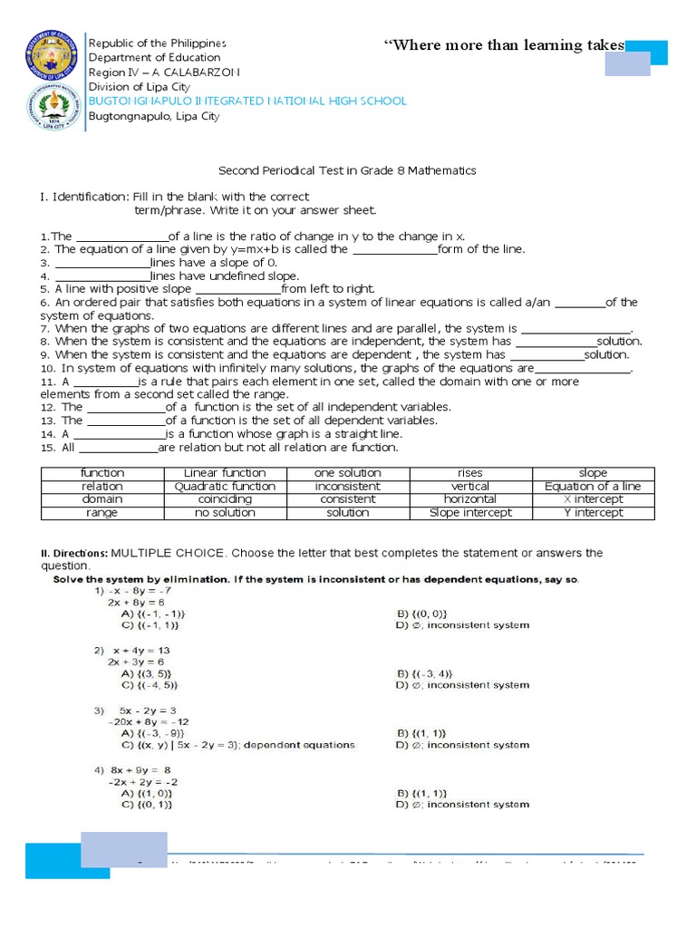 Second Periodical Test 8 2019 | PDF | Mathematics | Mathematical Concepts