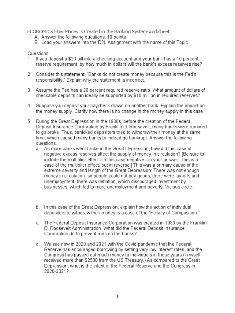 ECONOMICS The Creation of Money in The Banking System-Worksheet | PDF ...