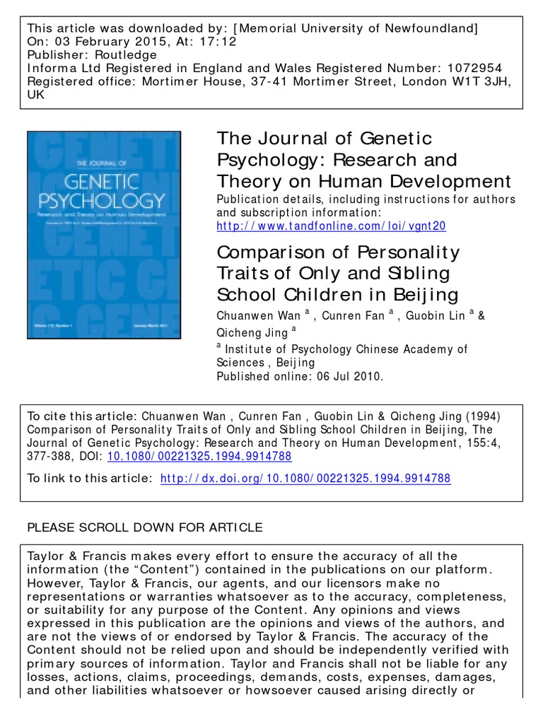 Of Personality Traits of Only and Sibling School Children in Beijing ...