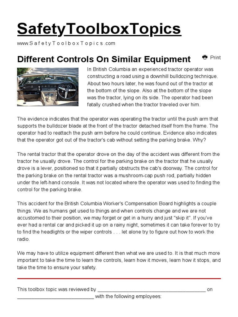 Different Controls On Similar Equipment - Safety Toolbox Talks Meeting ...
