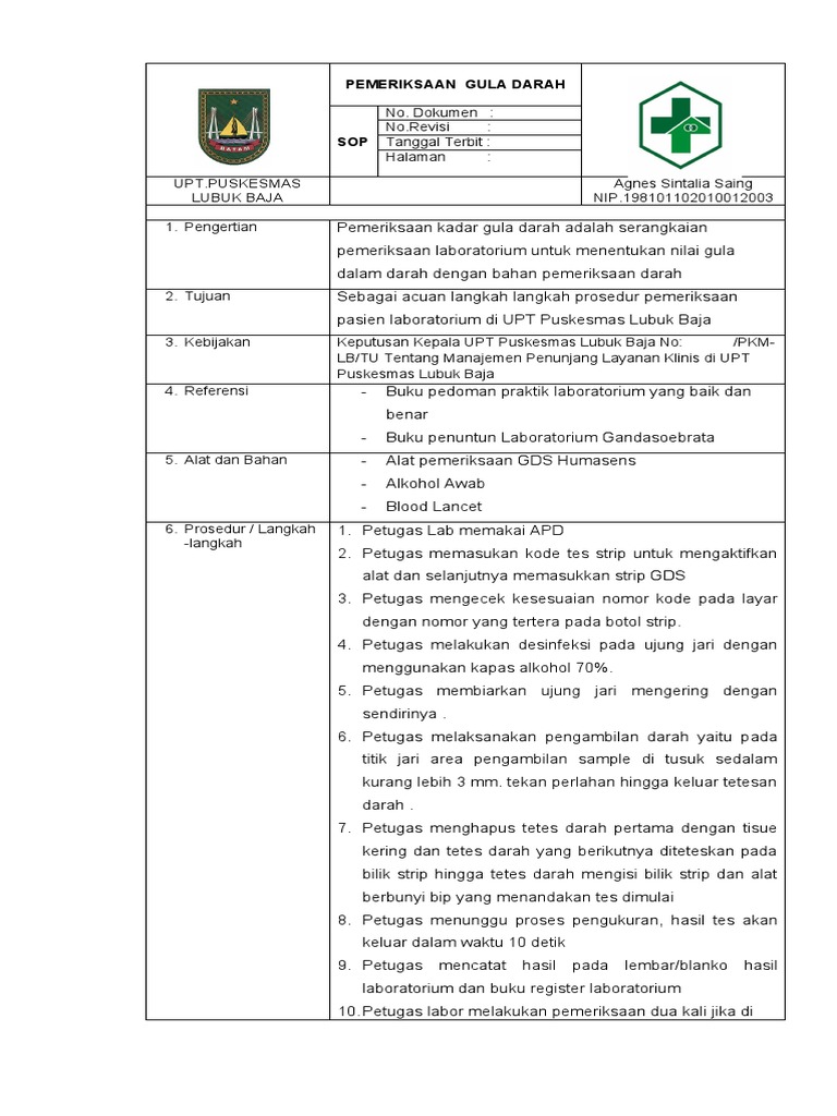 SOP Pemeriksaan Gula Darah | PDF