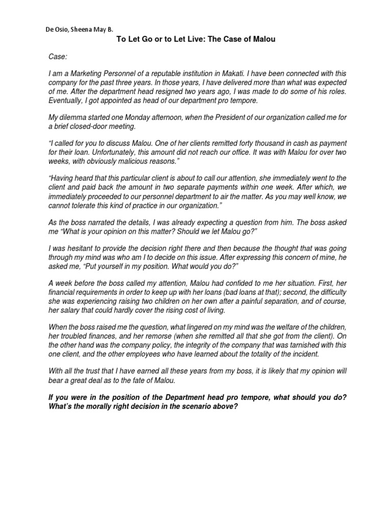 Ateneo de Naga University Ethics Phis102 Case Analysis Using 7 Step ...