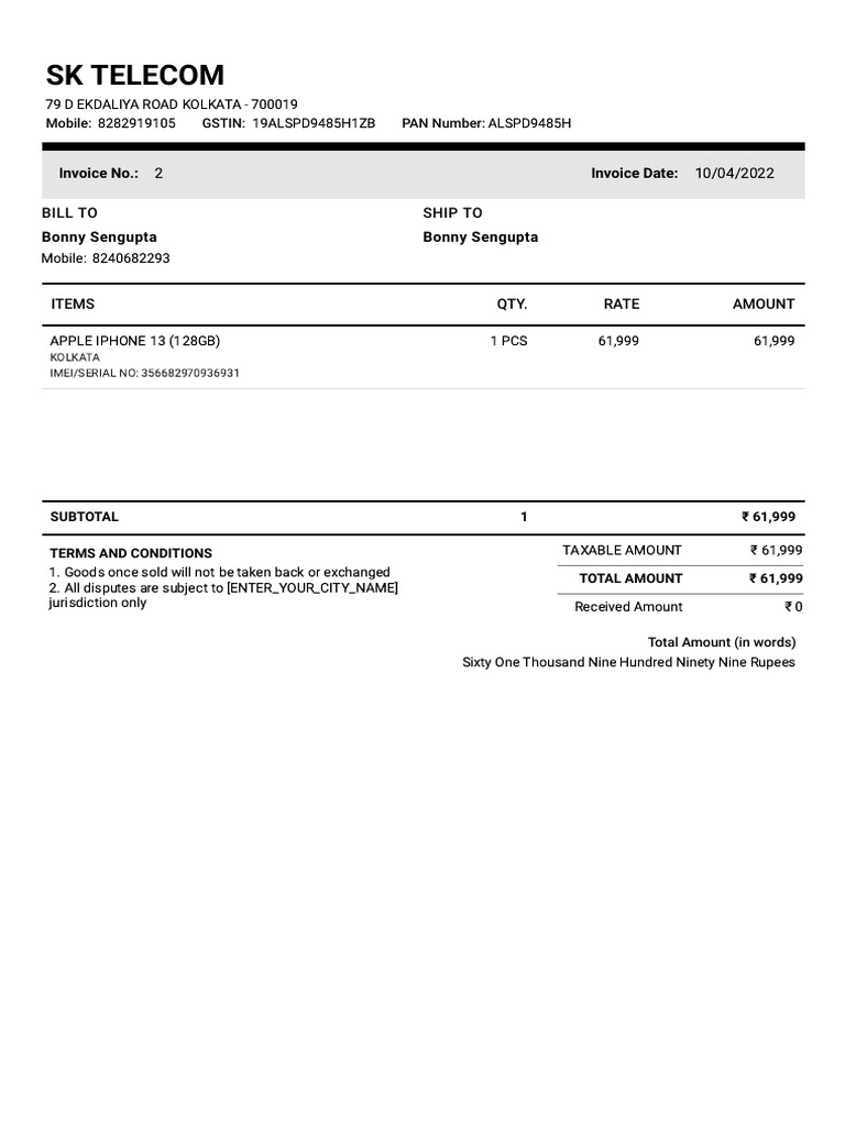 Iphone 13 Bill | PDF