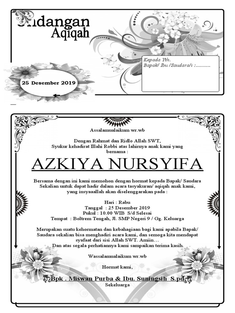 Undangan Aqiqah Contoh Azkiya Nursyifa | PDF