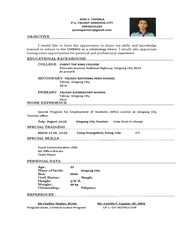 Criminology Internship Resume of Jose Taperla | PDF | Social Science