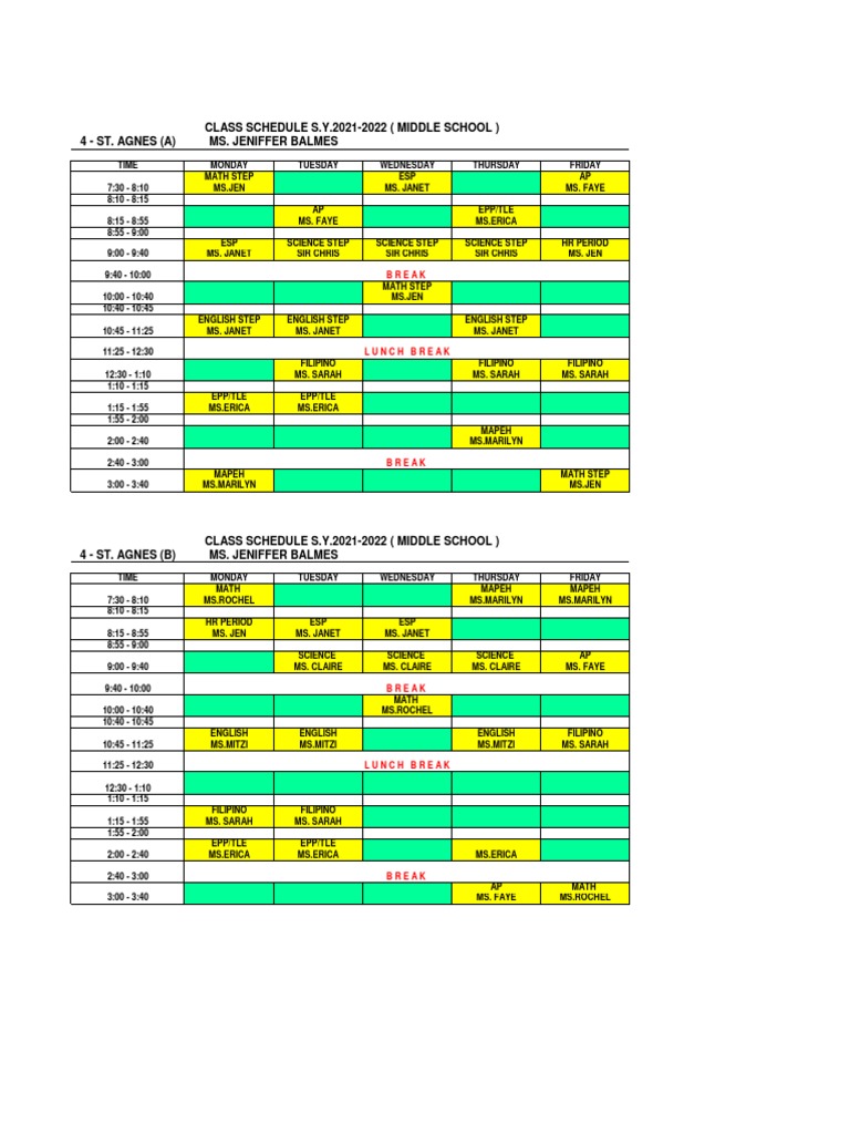 Middle School Class Schedule 2021-2022 | PDF | Cooking, Food & Wine