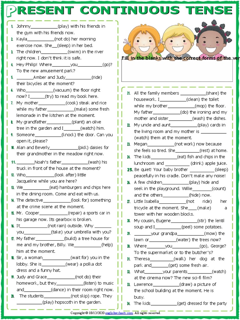 Present Continuous Tense Esl Printable Gap Fill Exercise Worksheet | PDF