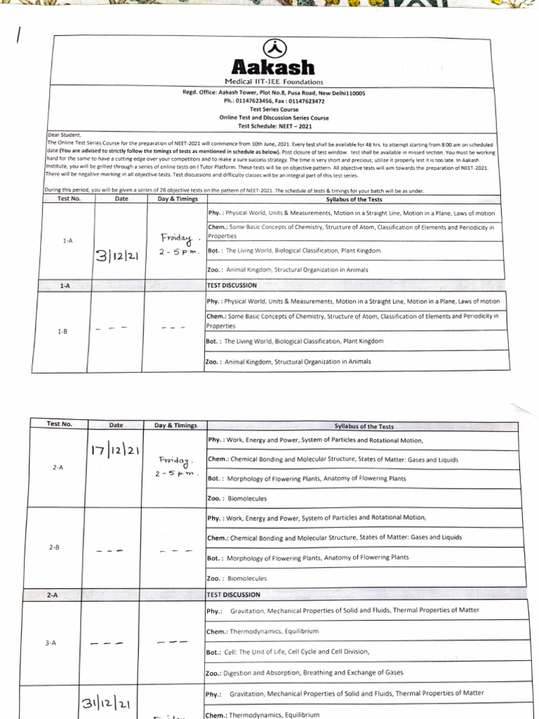 AAKASH Test Series Planner | PDF | Gases | Chemistry