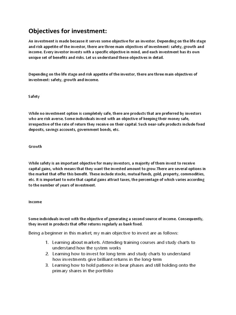 Objectives For Investment | PDF | Investing | Capital Gain