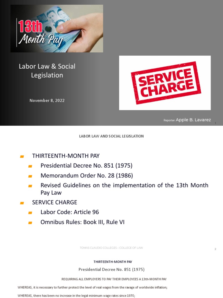Labor Law - 13th Month Pay and Service Charge | PDF | Employment ...