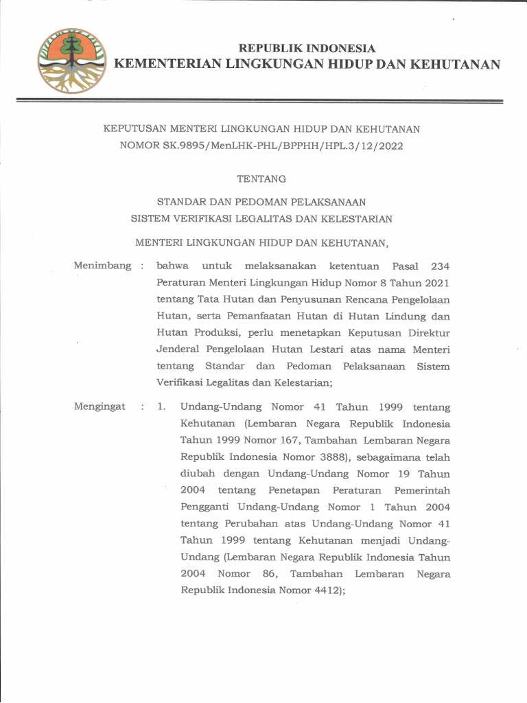 SK 9895 - 2022 Standar Pedoman Pelaksanaan SVLK | PDF