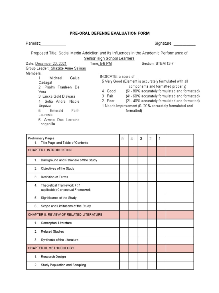 Evaluation Form PreOral Defense | PDF | Evaluation | Scientific Method