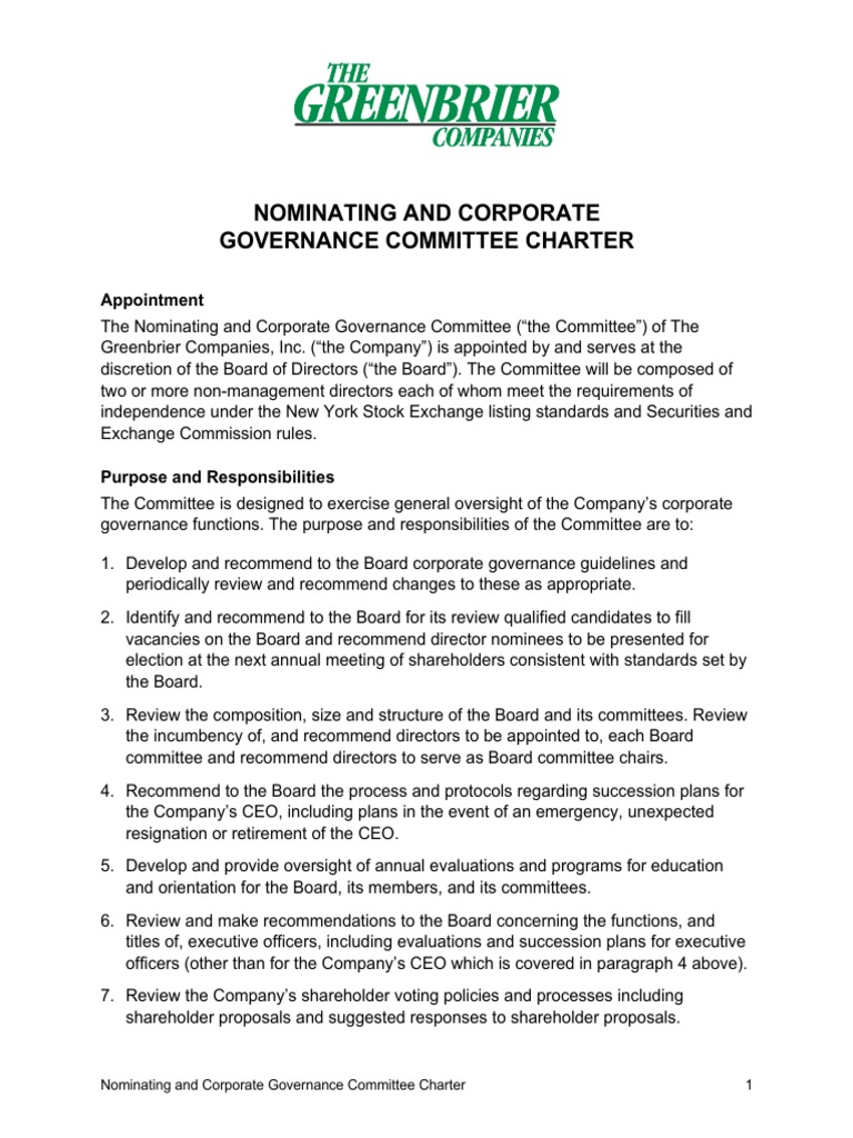 Nominating and Corporate Governance Committee Charter | PDF | Committee ...