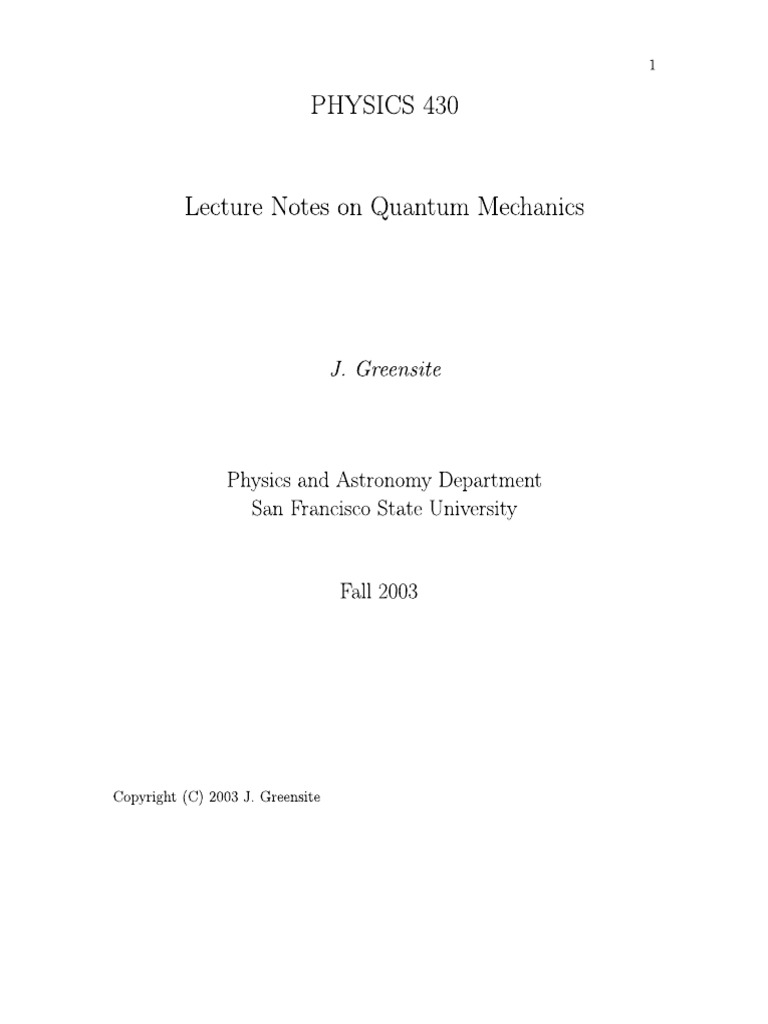 Lecture Notes On Quantumm Mechanics by Stanford University | PDF Lecture Notes On Quantumm Mechanics by Stanford University | PDF