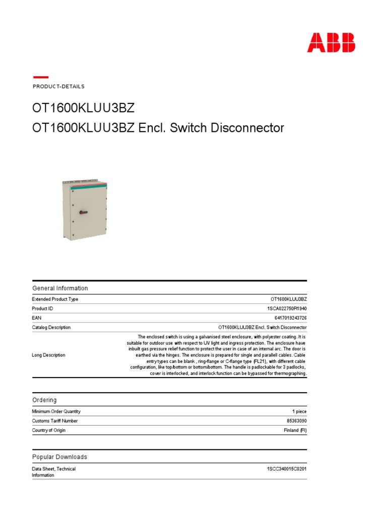OT1600KLUU3BZ Encl. Switch Disconnector | PDF | Switch | Electrical Engineering