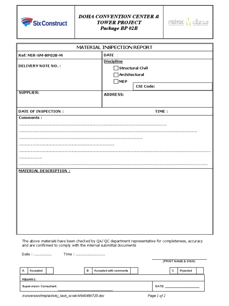 Material Inspection Report (BP 02B) | PDF