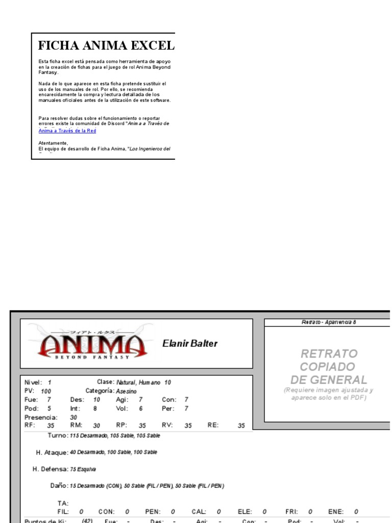 Ficha Excel para Anima Beyond Fantasy | PDF
