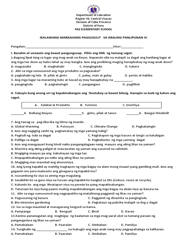 PT - Araling Panlipunan 4 - Q2 | PDF