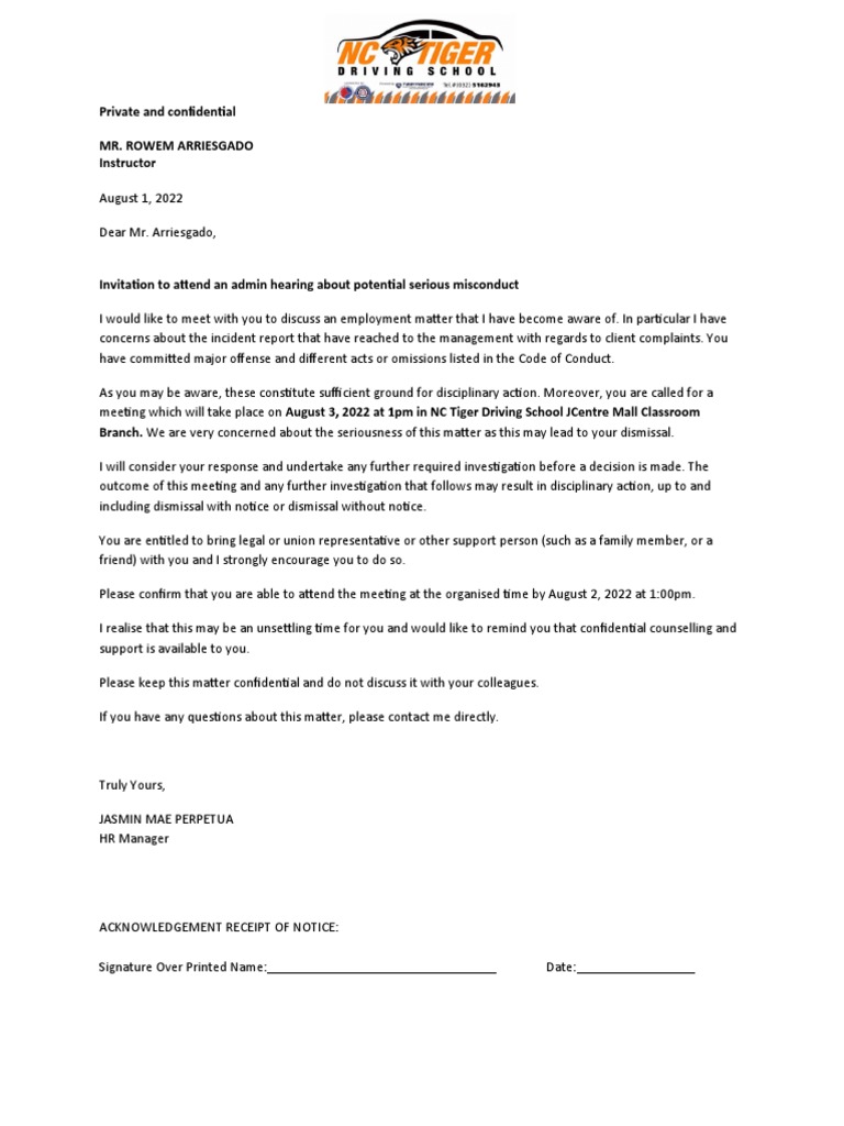 Disciplinary Hearing Invitation for Misconduct | PDF | Law