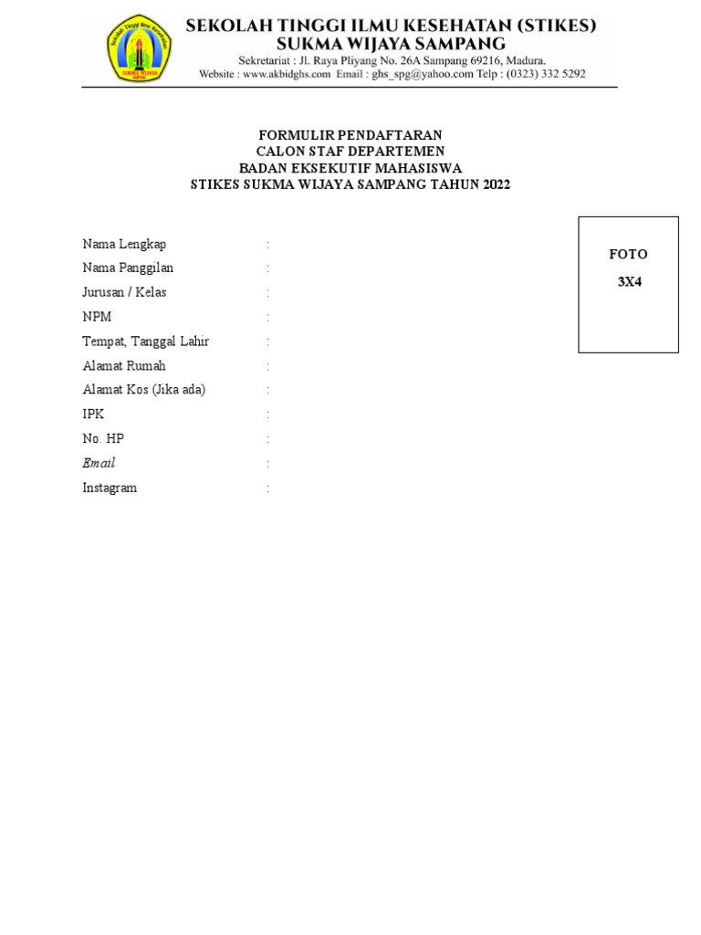 FORMULIR PENDAFTARAN Dan CV Calon Staf BEM STIKES Sukma Wijaya Sampang | PDF