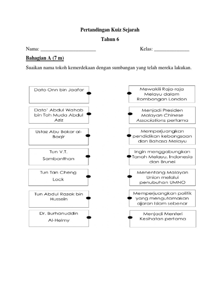 Kuiz Sejarah Tahun 6 | PDF
