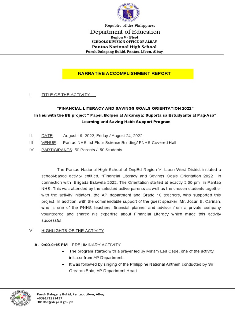 Financial Literacy Orientation Narrative Report 2022 | PDF