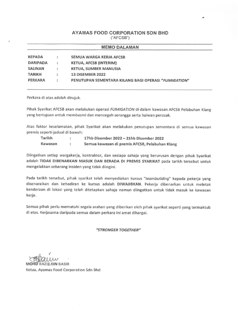 Internal Memo - Fumigation 2022 | PDF